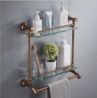 China Stainless Steel Glass Shelf 2 Tier Chrome Shelf with Towel Bars Organizer Wall Mount Shower Storage Gold Finish for sale