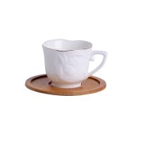 China Embossed Porcelain Cup Set White Turkish Espresso Coffee Cups With Bamboo Saucers for sale