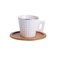 China Embossed Porcelain Cup Set White Turkish Espresso Coffee Cups With Bamboo Saucers for sale