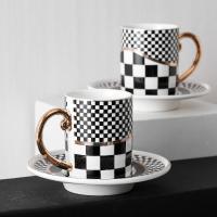 China Ceramic Coffee Cups Set And Saucer 100ml Gold Handle Black Espresso Cup for sale