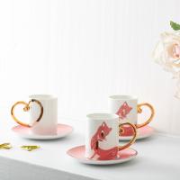 China Red Unique Fox Decal Design Ceramic Coffee Cup And Saucer With Golden Handle for sale