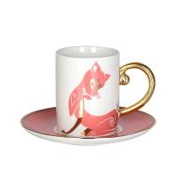 China Red Unique Fox Decal Design Ceramic Coffee Cup And Saucer With Golden Handle for sale