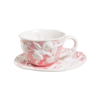 China Embossed Angle Tea Cup Set Fashion Coffee Cups INS Style Pink White Blue Ceramic for sale