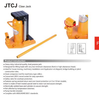 China JTCJ Industrial Claw Jack 5-10 Ton Capacity with 200½ Swivel Socket for Low and High Clearance Lifting for sale