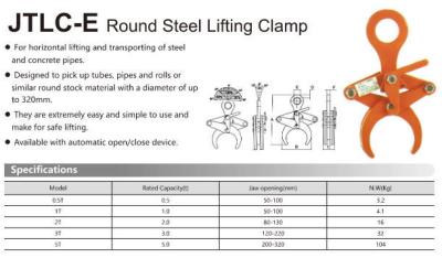 China JTLC-E Round Steel Lifting Clamp 0.5-5T Capacity for Pipe Handling Up to 320mm for sale