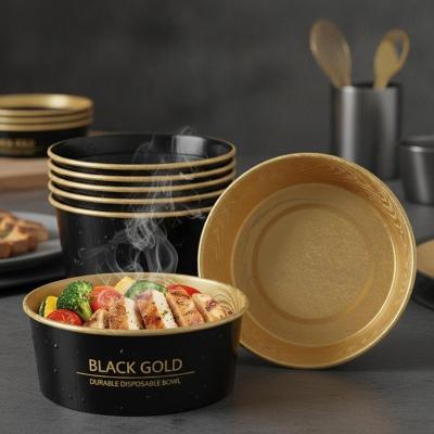China Leakproof Black Gold Paper Bowl With Lids 500ml 750ml 1000ml 1300ml for sale