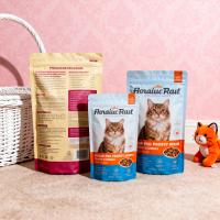 China Customized Size Sealing Zipper Top Plastic Stand Pouch Food Grade Biodegradable Packaging Bag for Pet Snacks Cat Food for sale