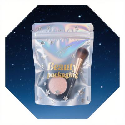 China Custom Order Poly Bag Embossed Holographic Mylar Zipper Pouch Spot UV Glossy Gold Finish Beauty Packaging Gravure Printing for sale