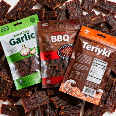 China PE Plastic Reusable Heat Seal Beef Jerky Packaging Bags Zipper Top Three Side Seal Gravure Printing Custom Logo for sale