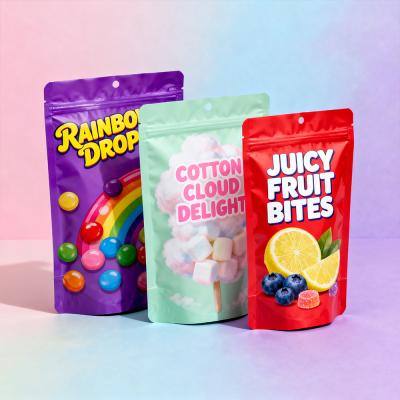China Jelly Gravure Printing Custom Soft Touch Film Bag Packaging Snacks Candies Smell Proof 3.5grams Holographic Mylar Bag Window for sale