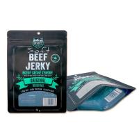 China Zipper Top Custom Printed Kraft Paper Flat Pouch Food Packaging Bag Recyclable Three Side Seal for Beef Jerky Dried Meat Biltong for sale