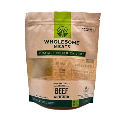 China Gravure Printing Eco Friendly Custom Printed Beef Jerky Bags 16 oz Paper Kraft Bags Clear Window Zipper Lock Packaging Items for sale