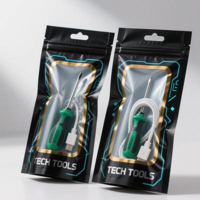 China Customized Thickness Zipper Top Standing Pouch Heat Seal Tool Tape Data Cable Plastic Resealable Packaging Bag Hanging Hole for sale