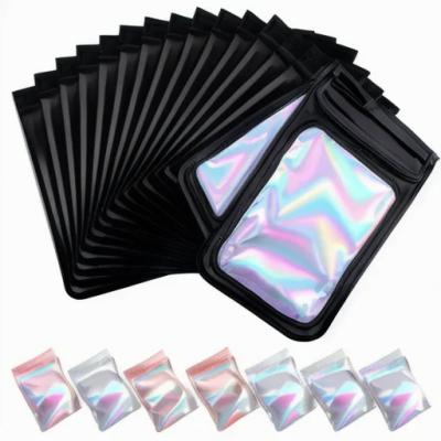 China Zipper Bag Customized Holographic Mylar Yin Yang Accessories Bag Biodegradable Cosmetic Plastic Packaging 3 Side Sealed for sale