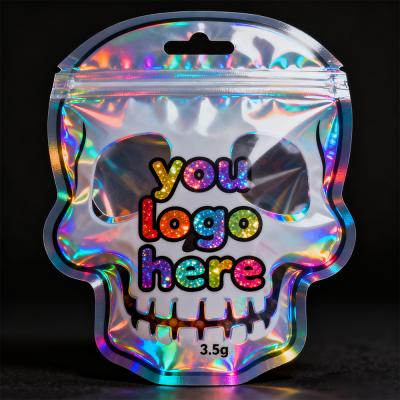China 3.5g Custom Shaped Holographic Mylar Bags with Eye Windows | PE AL Plastic Die Cut Reusable Zipper Smell Proof Pouch for Snacks Edibles OEM Factory for sale