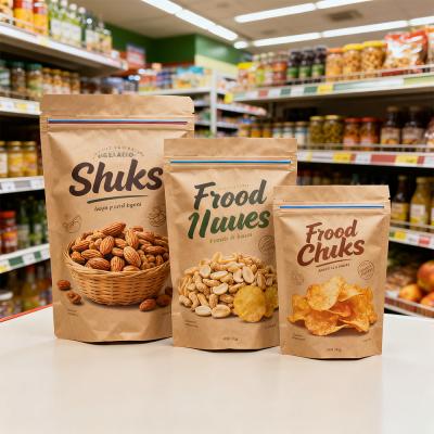 China Self Adhesive Seal Printed Yellow White Kraft Paper Bag with Transparent Window Food Nuts Snack Ziplock Resealable Packaging for sale