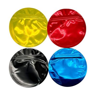 China Gravure Printing Customized Zipper Bag Biodegradable Food Packaging Bag Smell Proof Round Golden Aluminum Bag Die cut Shaped 3.5g for sale