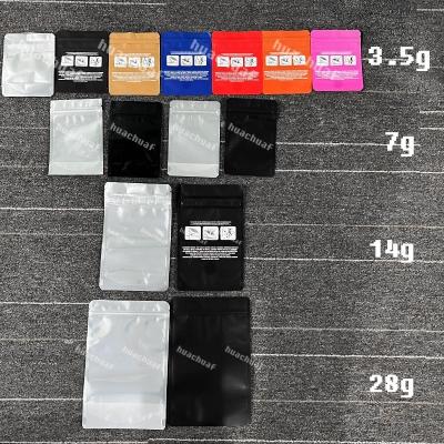 China Customized Logo Printing Mylar Bags Food Packaging Bag White Clear Black Clear 3.5g 7g 14g 28g Strain Labeled Plain for sale
