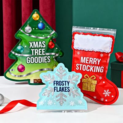 China Custom Order Christmas Exclusive Die Cut Shaped Packaging Food Grade Packaging Various Flavors Snacks Matte Holographic Mylar Bag Gravure Printing for sale