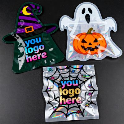 China Custom Logo Printed Halloween Festive Cookie Packaging Plastic Bag UV Diecut Mylar Candy Biscuit Holographic Stand Pouch for sale