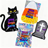China Custom Logo Printed Halloween Festive Cookie Packaging Plastic Bag UV Diecut Mylar Candy Biscuit Holographic Stand Pouch for sale