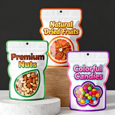 China Custom Order Food Packaging Bag Personalized Custom Print Food Grade Matte Frosted Snack Bag Reusable Seal Pack with Shape Window for sale