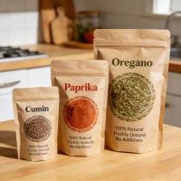 China Custom Recyclable Food Grade Spice Bags with Stand-up Ziplock for Export Compliant Packaging for sale
