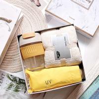 China Silk Screen Printed Gift Set Glass Water Cup Black Rubber Umbrella Coral Plush Towel for sale