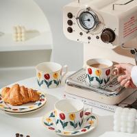 China Mother's Day Gift Hand-drawn Tulip Coffee Cup and Plate Set with High Aesthetic Value for sale