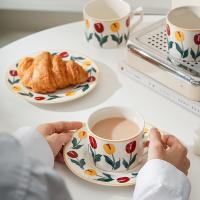 China Mother's Day Gift Hand-drawn Tulip Coffee Cup and Plate Set with High Aesthetic Value for sale