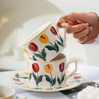 China Mother's Day Gift Hand-drawn Tulip Coffee Cup and Plate Set with High Aesthetic Value for sale