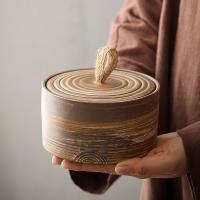 China Silk Screen Printing Coarse Pottery Tea Can Retro Sealed Burnt Ceramic Storage Can for sale