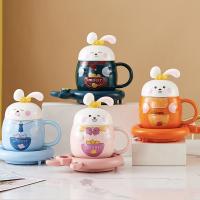 China Collectible Cute Rabbit Embossed Thermostatic Cup Set Heating Warm Cup and Warm Coaster for sale