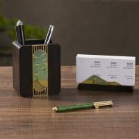 China Travel Agency Desktop Decorative Ornaments April Fool's Day Red Wooden Pen Holder Set for sale