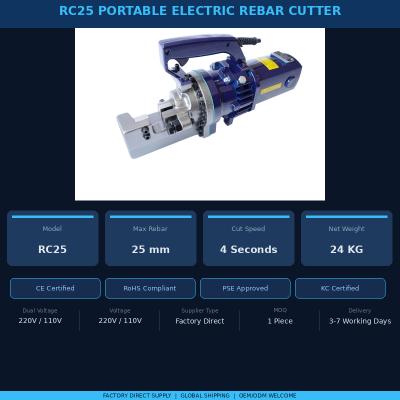 China RC25 Portable Electric Rebar Cutter 25mm Steel Bar Cutting Machine CE RoHS PSE KC Certified 4S Fast Cut 220V 110V for sale