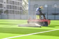 China Effective Drainage Stem Shape Artificial Football Pitch 50mm Pile Height PP Net SBR Backing for sale