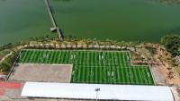 China Rubber Granules / Quartz Sand Artifical Football Pitches Weaving Technique Dtex 8000-15000 for sale