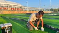 China Rubber Granules / Quartz Sand Artifical Football Pitches Weaving Technique Dtex 8000-15000 for sale
