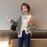 China Embroidery Craft Trendy Children Clothing Striped Girls Knit Cardigan Sweater V Neck for sale