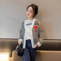 China Black And White Striped Childrens Cardigan Sweaters Girls Knit Cardigan Embroidery Craft for sale
