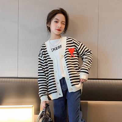 China Classic Round Neck Warm Childrens Coats Black And White Striped Knitted Cardigan Jacket for sale