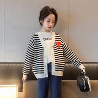 China Classic Round Neck Warm Childrens Coats Black And White Striped Knitted Cardigan Jacket for sale