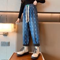 China Korean Edition Blue Childrens Girls Jeans Pants With Adjustable Waist for sale
