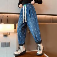 China Korean Edition Blue Childrens Girls Jeans Pants With Adjustable Waist for sale