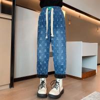 China Korean Edition Blue Childrens Girls Jeans Pants With Adjustable Waist for sale