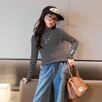 China Embroidered Long Sleeve Turtleneck T Shirt Striped Thermal Top For Ages 4-16 for sale