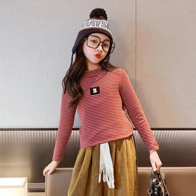 China Turtleneck Embroidered Little Girls Clothes T Shirt Striped Thermal Top for sale