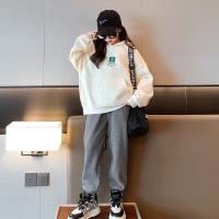 China Thick Sports Letters Beige Childrens Cartoon Hoodie Two Piece Set for sale