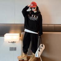 China Thickened Inner Liner Fashion Childrens Clothes Black Hoodie And Jogger Set for sale