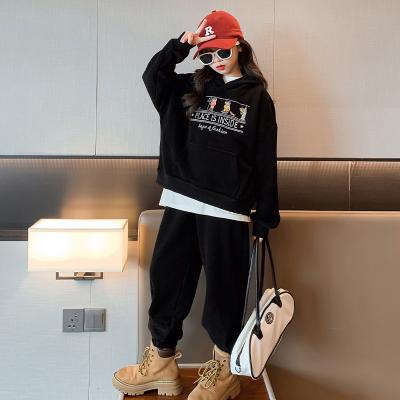 China Thickened Inner Liner Fashion Childrens Clothes Black Hoodie And Jogger Set for sale